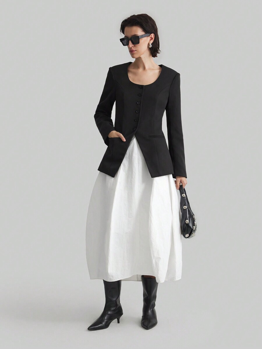 Ontre Women's Black 90s Style Spring Elegant Urban Blazer Jacket, Solid Color Minimalist Fashion ...