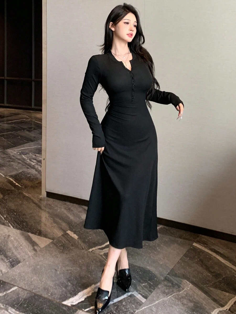 DAZY Slim Fit Solid Colored Minimalist Midi Dress For Women,Fall Dress ...