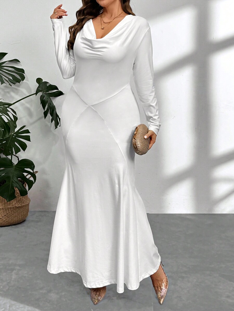 Firerie Plus Size White Solid Color Bodycon Fish Tail Dress, Elegant ...