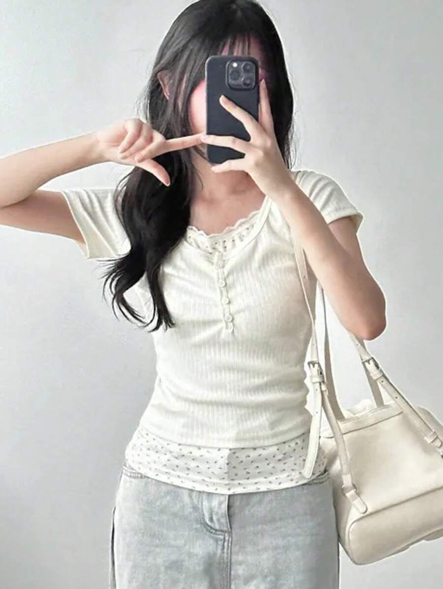 DAZY Women Patchwork Mock 2 Pieces Fitted Short Sleeve T-Shirt, White, Spring/Summer | SHEIN USA