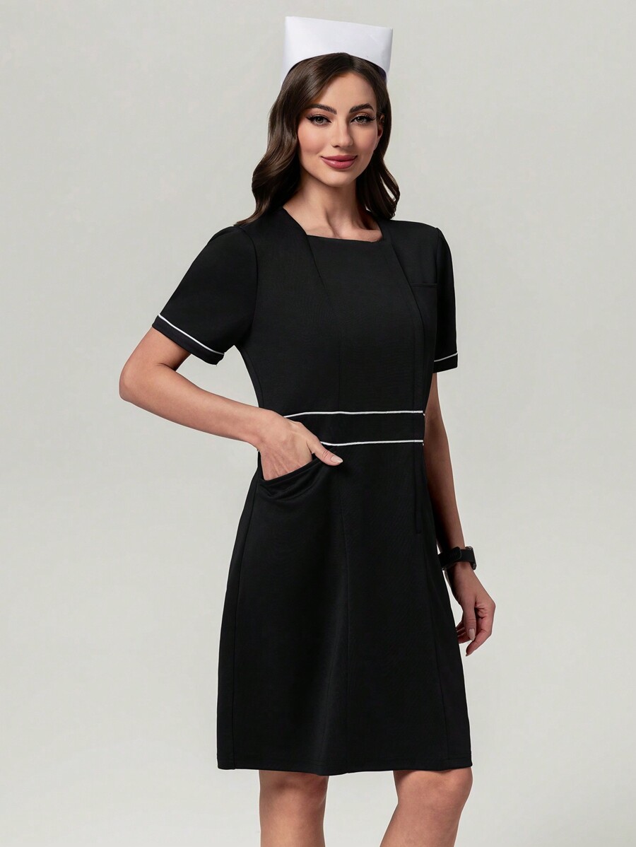 SHEIN TaskFit Black & White Contrast Square Neck Nurse/ Uniform Dress ...