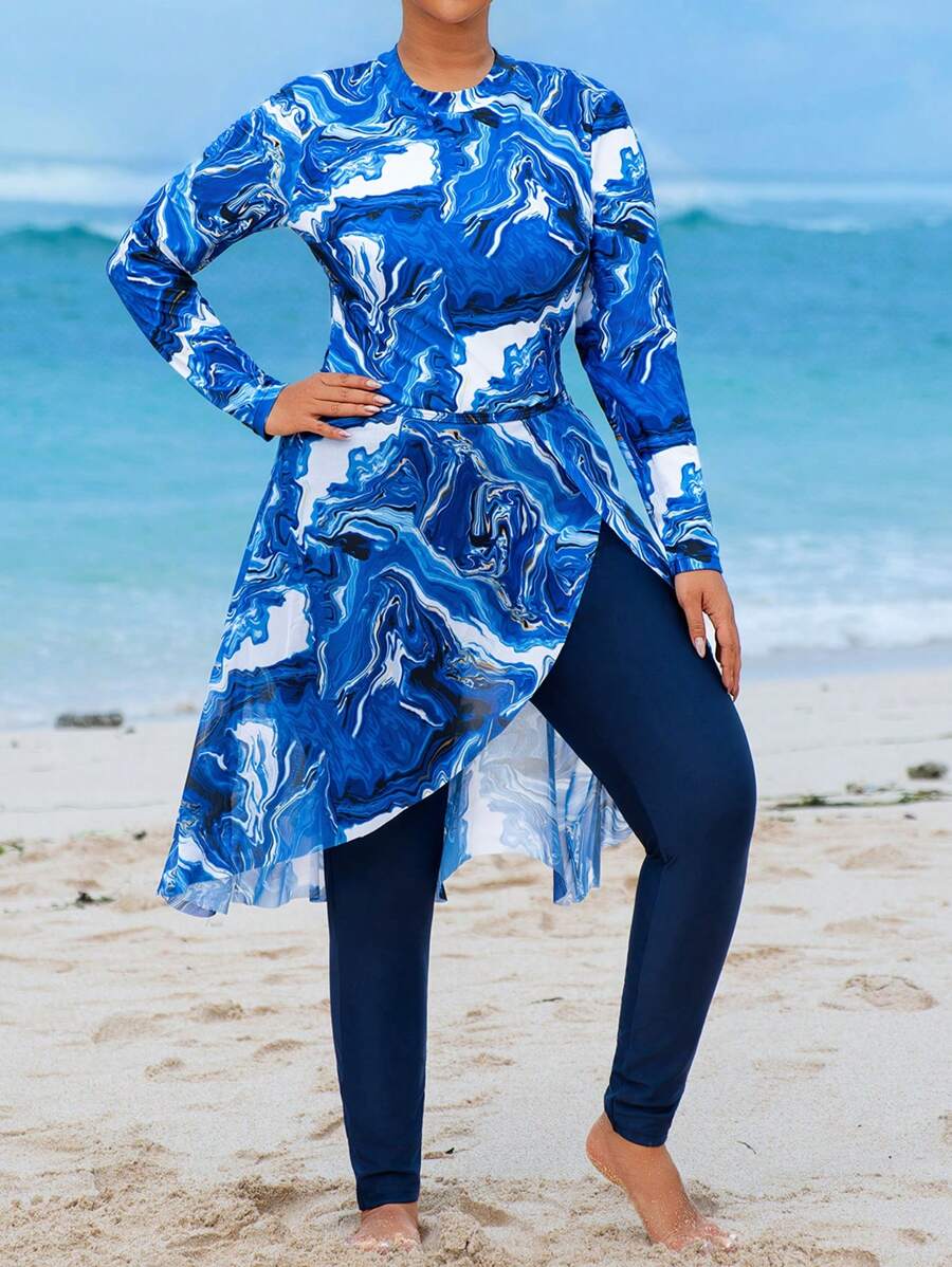 Swim Shayni Plus Size Women 3-Piece Fluid Texture Random Print Swimsuit ...