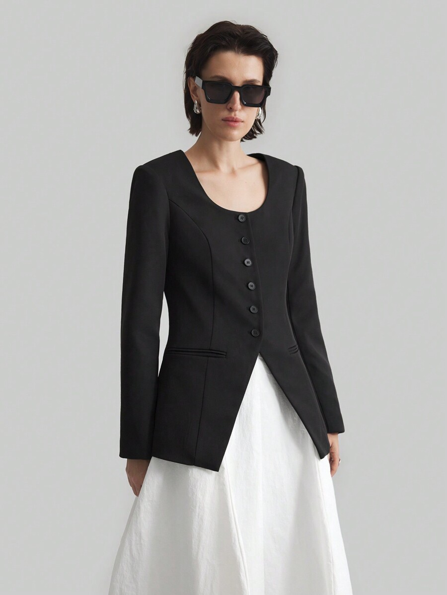 Ontre Women's 2025 New Spring Black Urban Elegant Suit Jacket, Solid Minimalist Casual Everyday ...