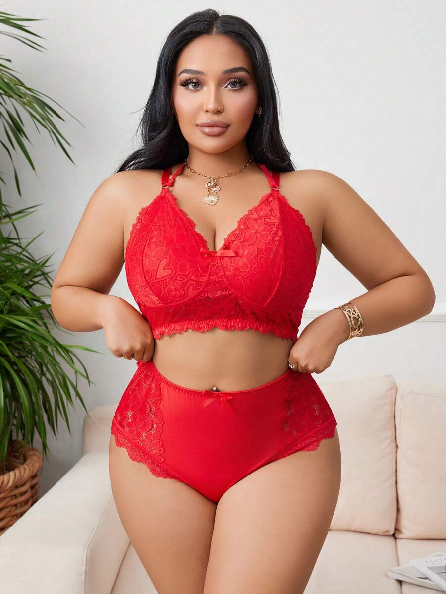 2pcs/Set Plus Size Sexy Lace Wireless Bra Set, Open Back Design, Suitable For Valentine's Day ...