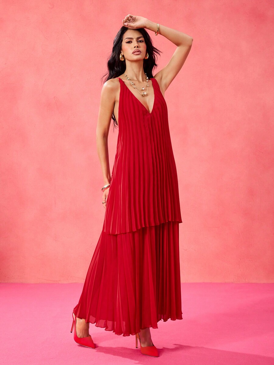 EZG Designer Red Deep V Criss Cross Straps Back Neck Pleated Maxi Dress ...
