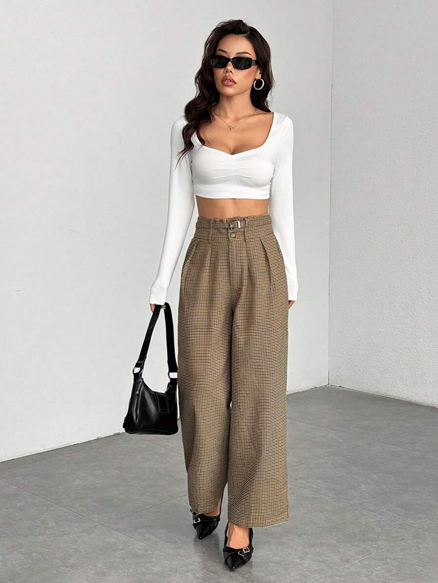 SHEIN PETITE Belt Double-Layer Waistband Plaid Wide-Leg Pants Retro Old ...