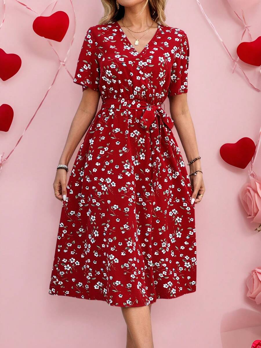 EMERY ROSE Women V-Neck Short Sleeve Floral Print Casual Dress Valentine's Day Dress Red Dress ...