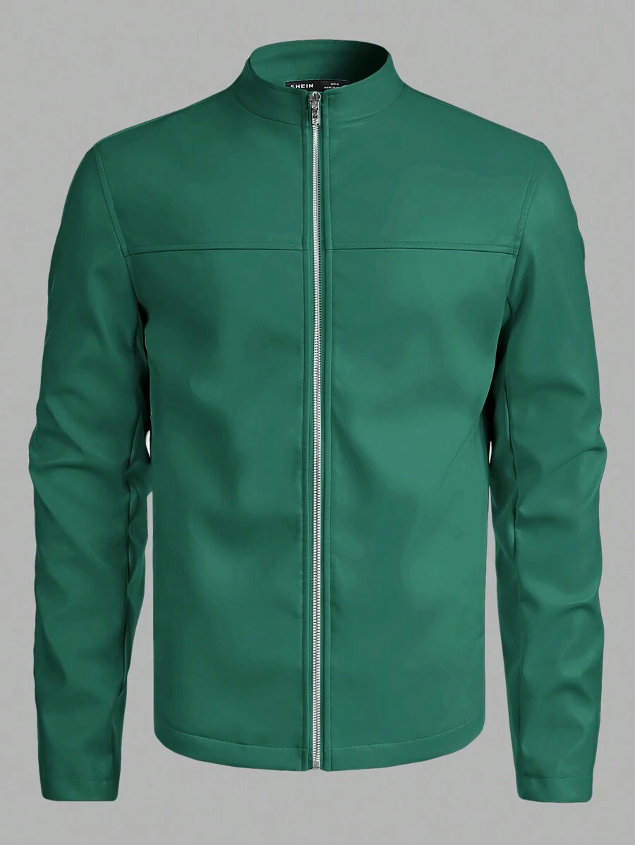 Manfinity VCAY Men's Solid Color Front Zip Up Casual Faux Leather ...