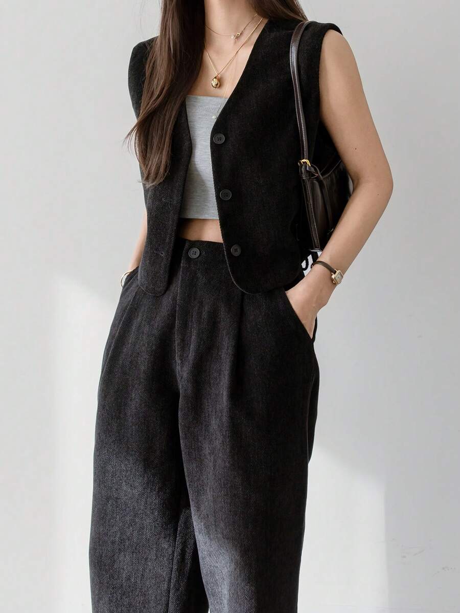 Dazy-Less Women's Casual Solid Color Loose Minimalist Vest Jacket & Straight Leg Pants Suit ...