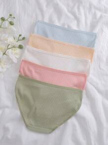 SHEIN Women's Ribbed Knitted Multicolor Plain Bikini Panties Casual Comfy Underwear 5 Pack ...
