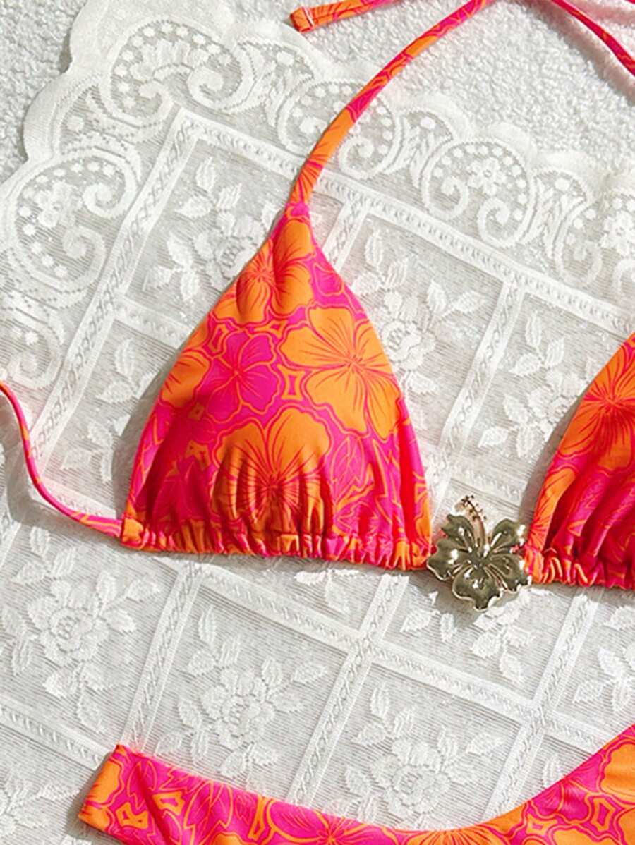 Swim Mod 2-Piece Set, Spring Break Floral Print Halter Neck Triangle ...