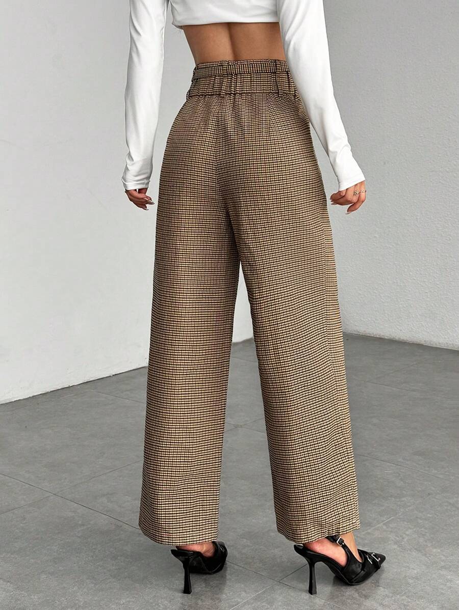 SHEIN PETITE Belt Double-Layer Waistband Plaid Wide-Leg Pants Retro Old ...