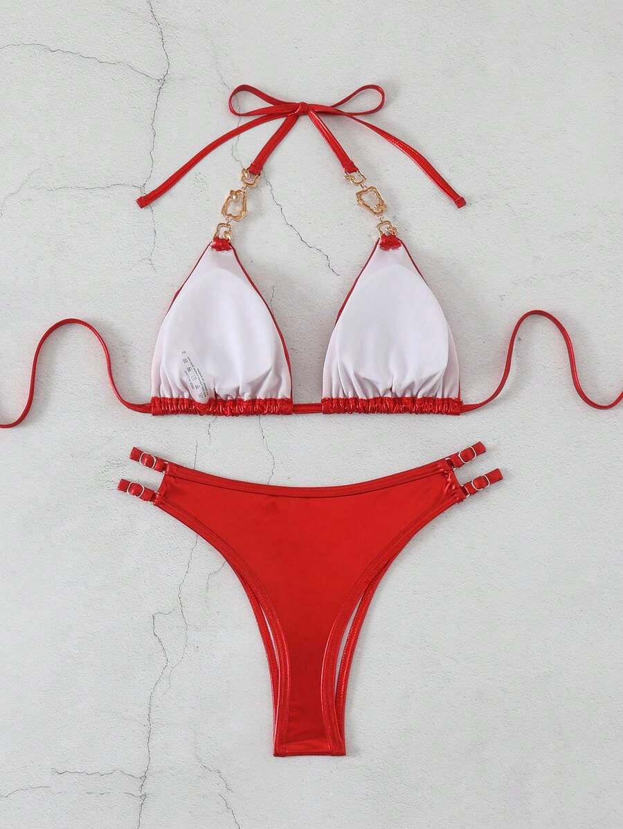 Swim SXY Beach Outfits For Women: Red Reflective Halter Neck & Backless ...