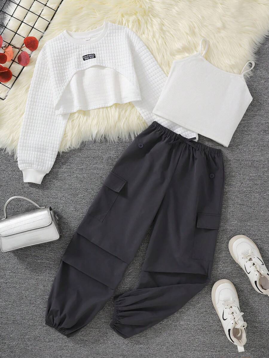 SHEIN Leap Crew Tween Girls 3pcs Set: Casual Cropped Logo Hoodie, Slim ...