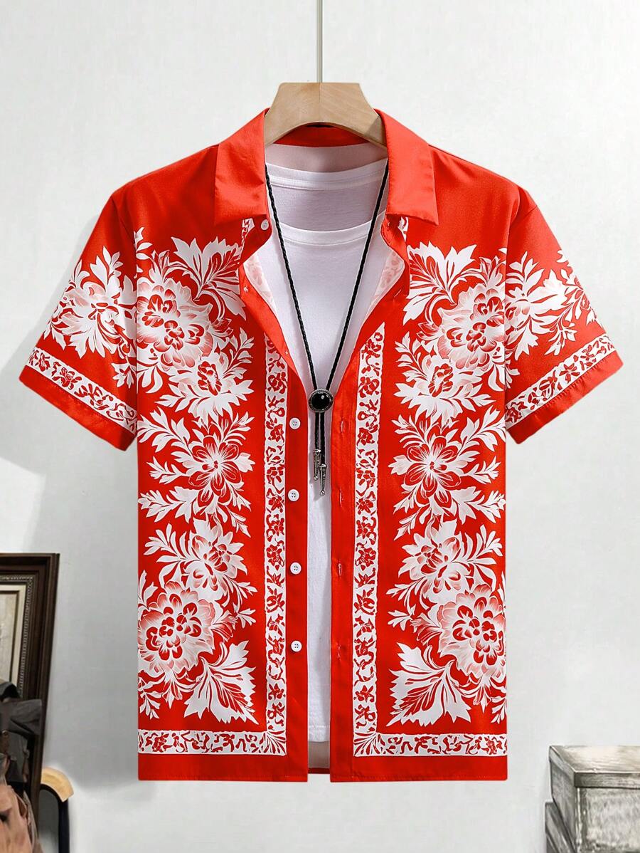 Manfinity RSRT เสื้อเชิ้ตแขนสั้นพิมพ์ลายดอกไม้แบบง่ายๆ กระดุงหน้าแนว ...