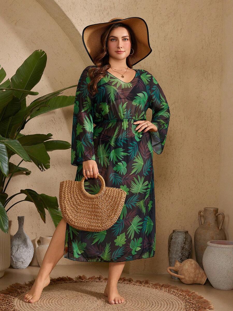 Swim Lushoire Summer Plus Size Women's V-Neck Long Tropical Leaf ...