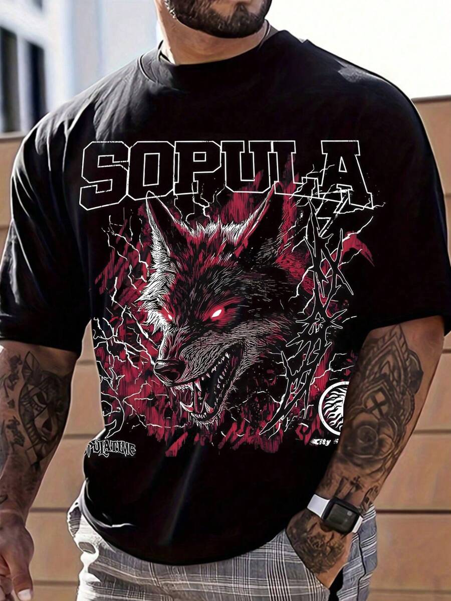 Manfinity Dauomo Men's Casual Wolf & Letter Print Short Sleeve T-Shirt ...