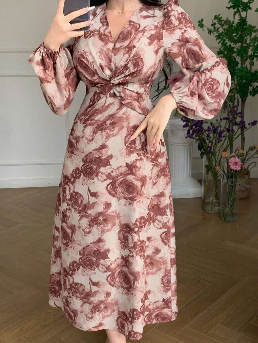 DAZY V-Neck Floral Print Twist Knot Detail Midi Dress For Women | SHEIN USA