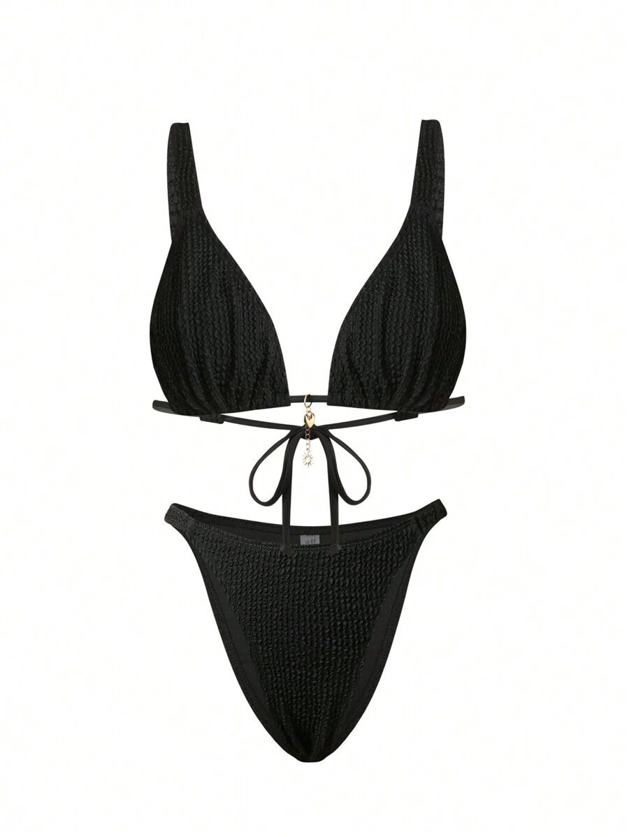 SHEIN Women Beach Wave Pattern Fabric Solid Color Pleated Waist And ...