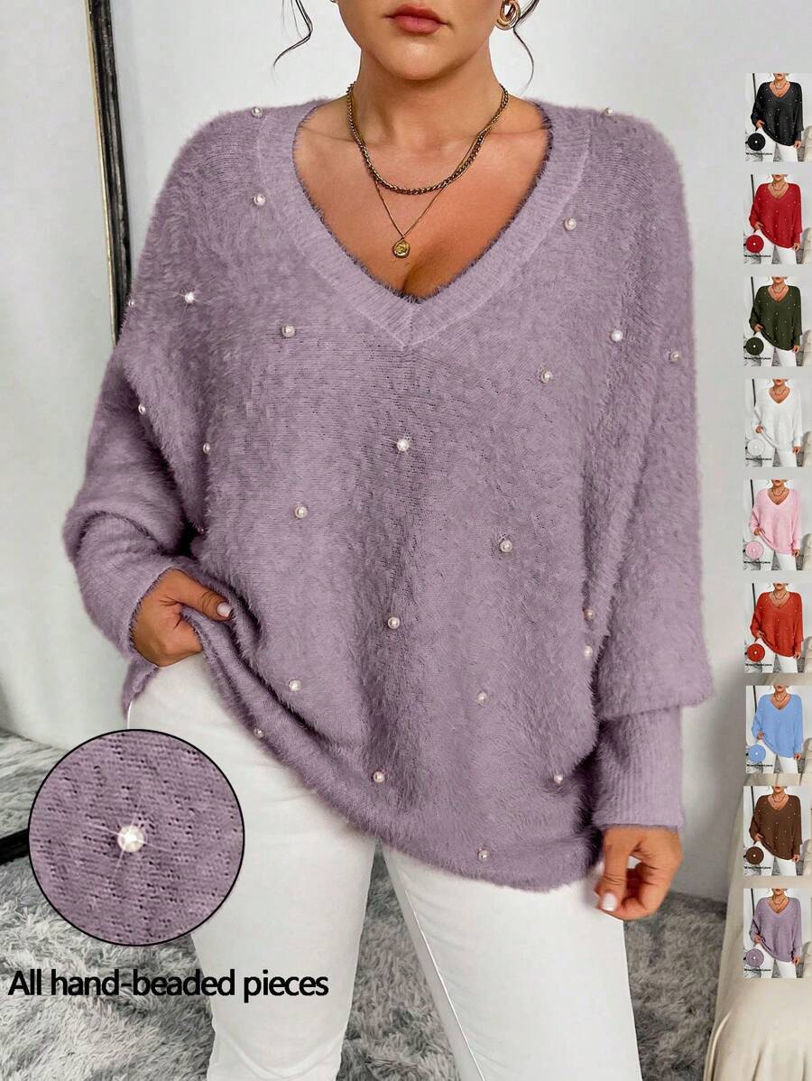 SHEIN Unity Plus Size Women Batwing Sleeve Bead Embellished Loose Knit ...