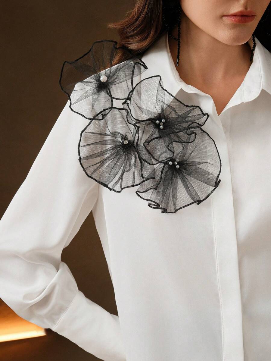 Anewsta Early Spring 3D Mesh Black Floral Design Modest Women Blouse ...