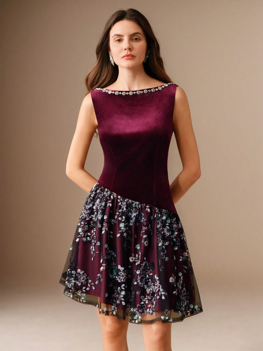 Anewsta Encore Red Velvet Shiny Rhinestone Embellished Round Neck Sleeveless Floral Embroidery ...