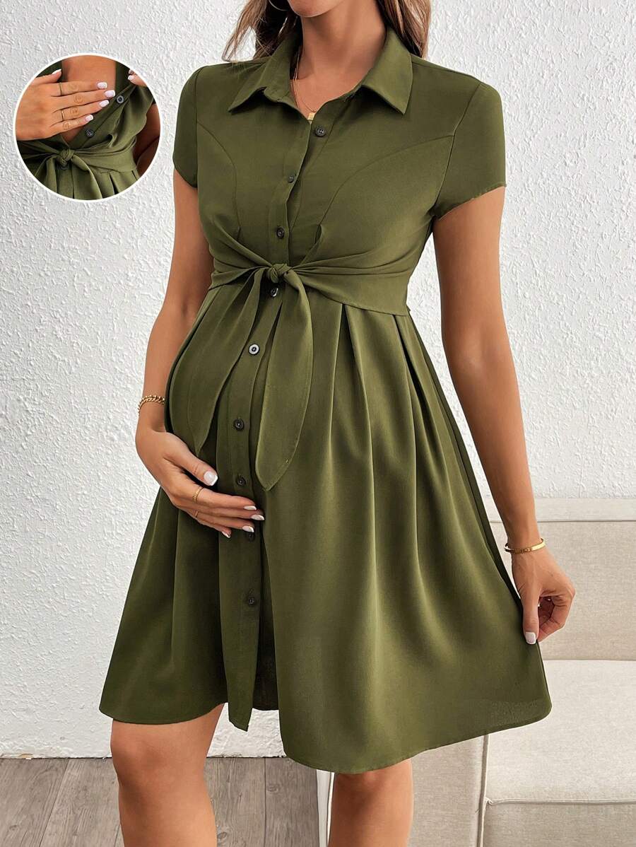 SHEIN Maternity Old Money Solid Color Single-Breasted Knotted Waist ...