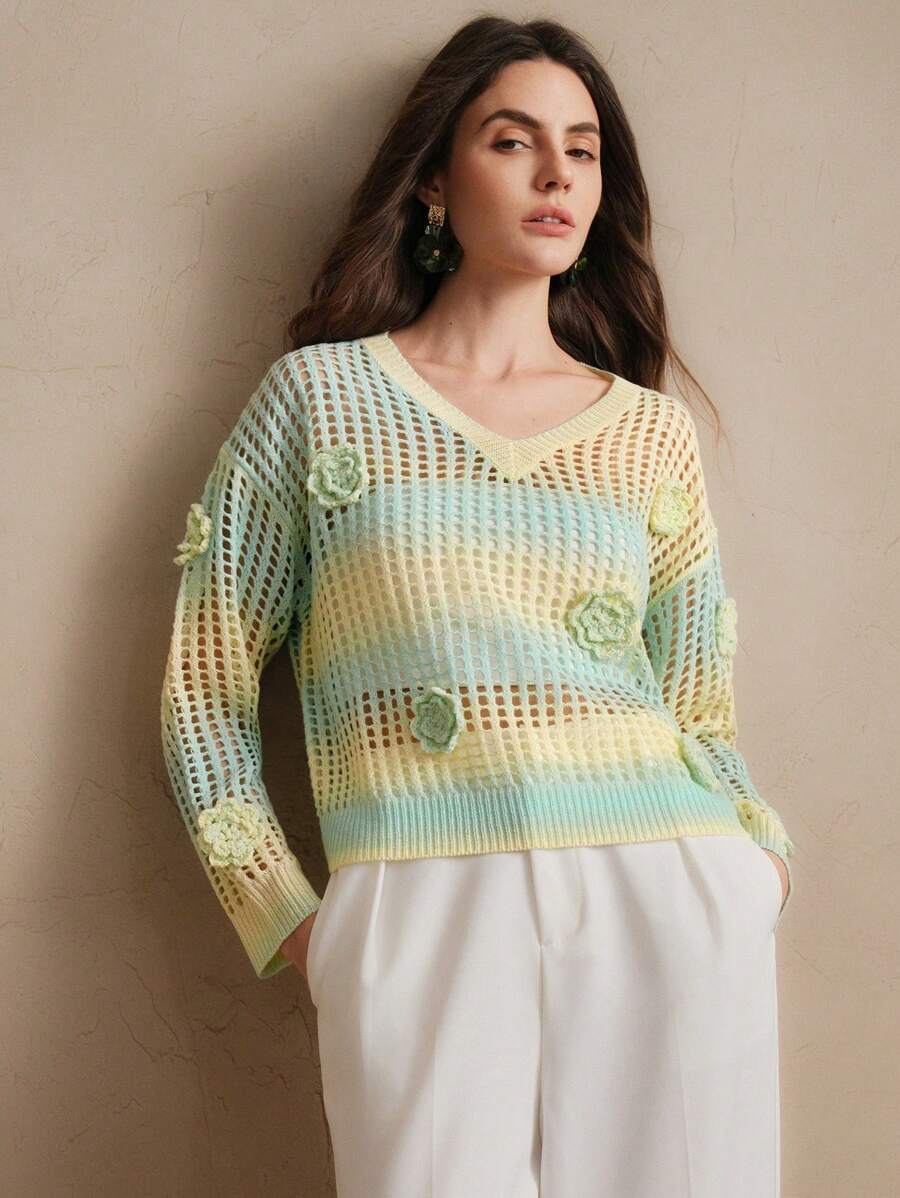 Anewsta Women's Elegant Casual Gradient Hollow Crochet 3D Flower Beach Cover Up, Spring, For ...