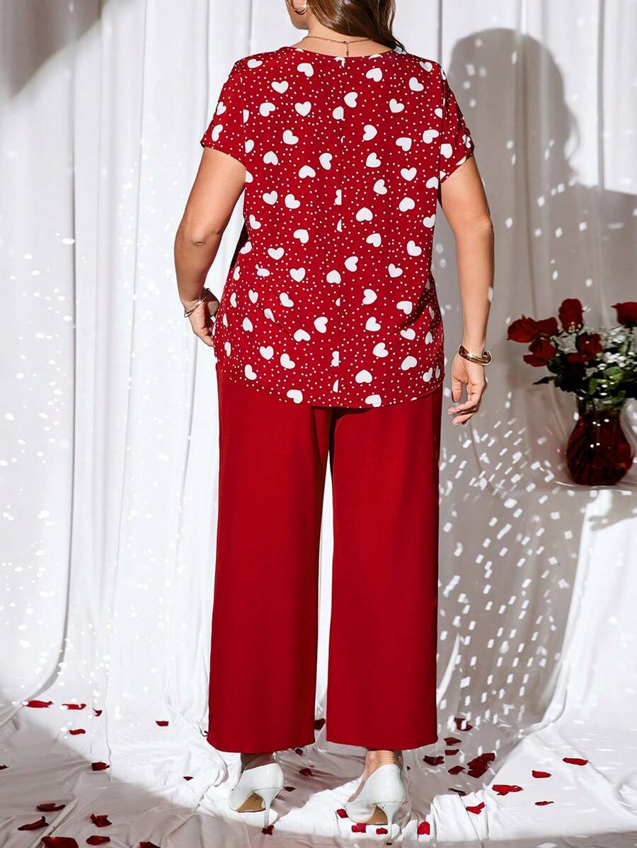 EMERY ROSE 2pcs Plus Size Women Heart & Polka Dot Print V-Neck Blouse ...