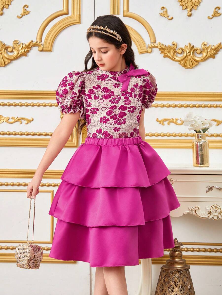 SHEIN 2pcs Tween Girl Tween Girl Jacquard Elegant Blouse Puff Sleeve ...