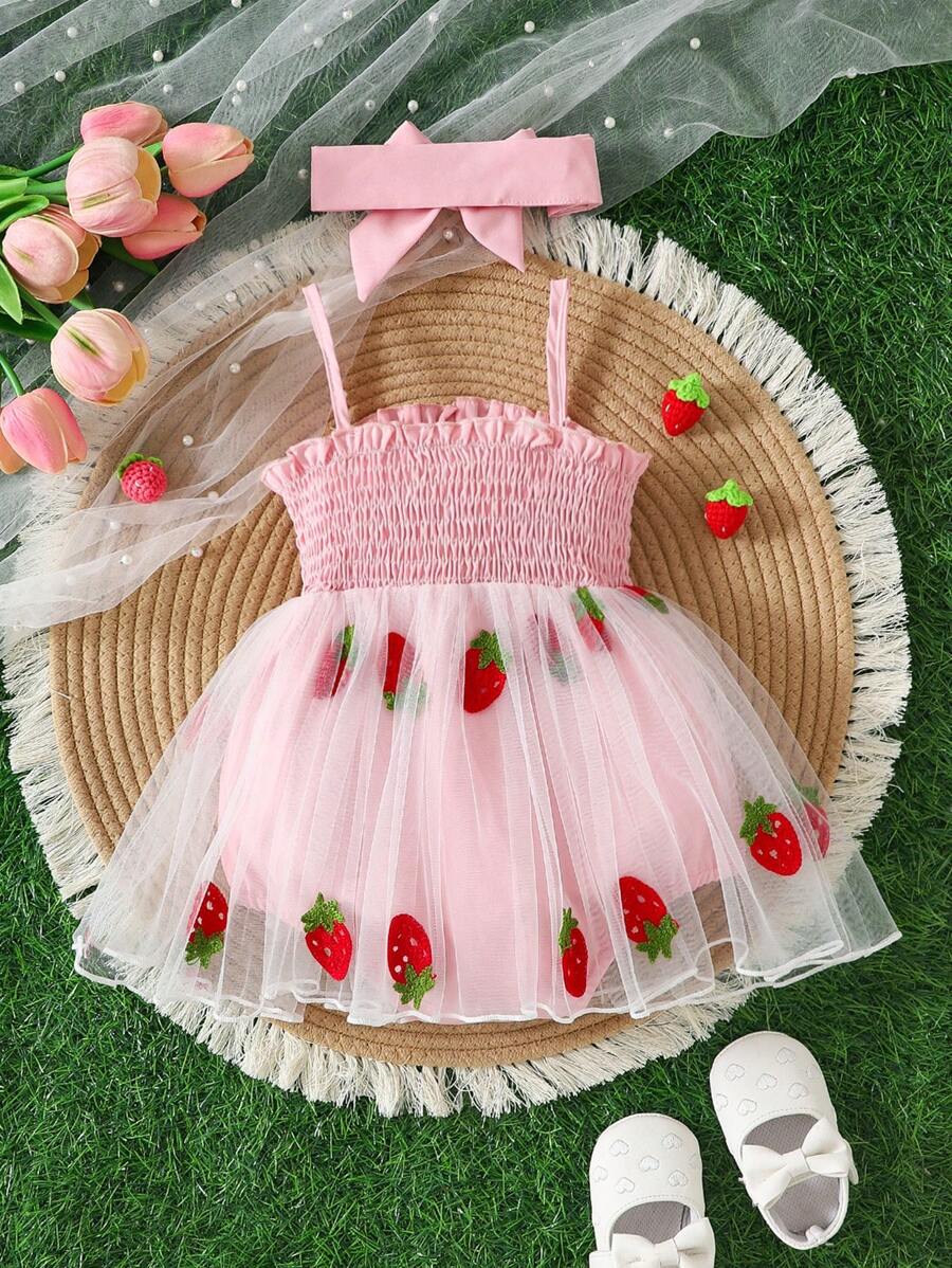 SHEIN Baby Girl Summer Suspender Romper, Cute Embroidered Strawberry ...