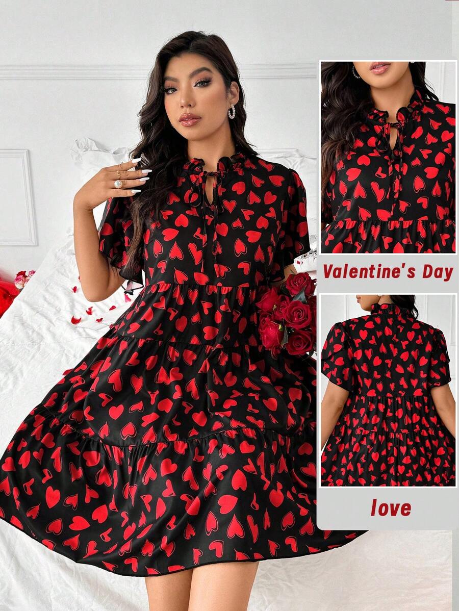 SHEIN Clasi Plus Size Ruffled Collar, Bowknot , Heart Print, Puff ...