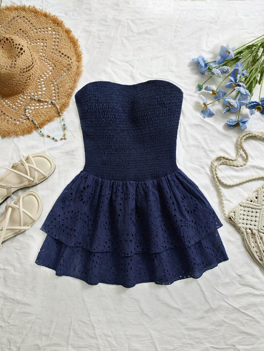 SHEIN MOOSTA Vacation Style Navy Blue Shirred Strapless Sexy Hollow ...