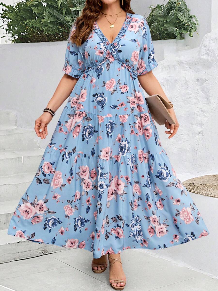 EMERY ROSE Plus Size Summer Casual Floral Print Blue Short Sleeve Long Dress,Fashionable For ...