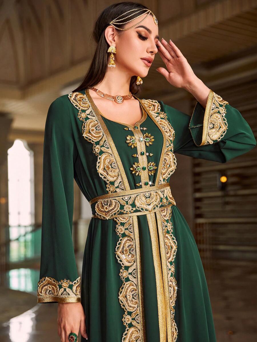 SHEIN Najma Women's Long Sleeve Arabic Style Embellished Dress | SHEIN UK