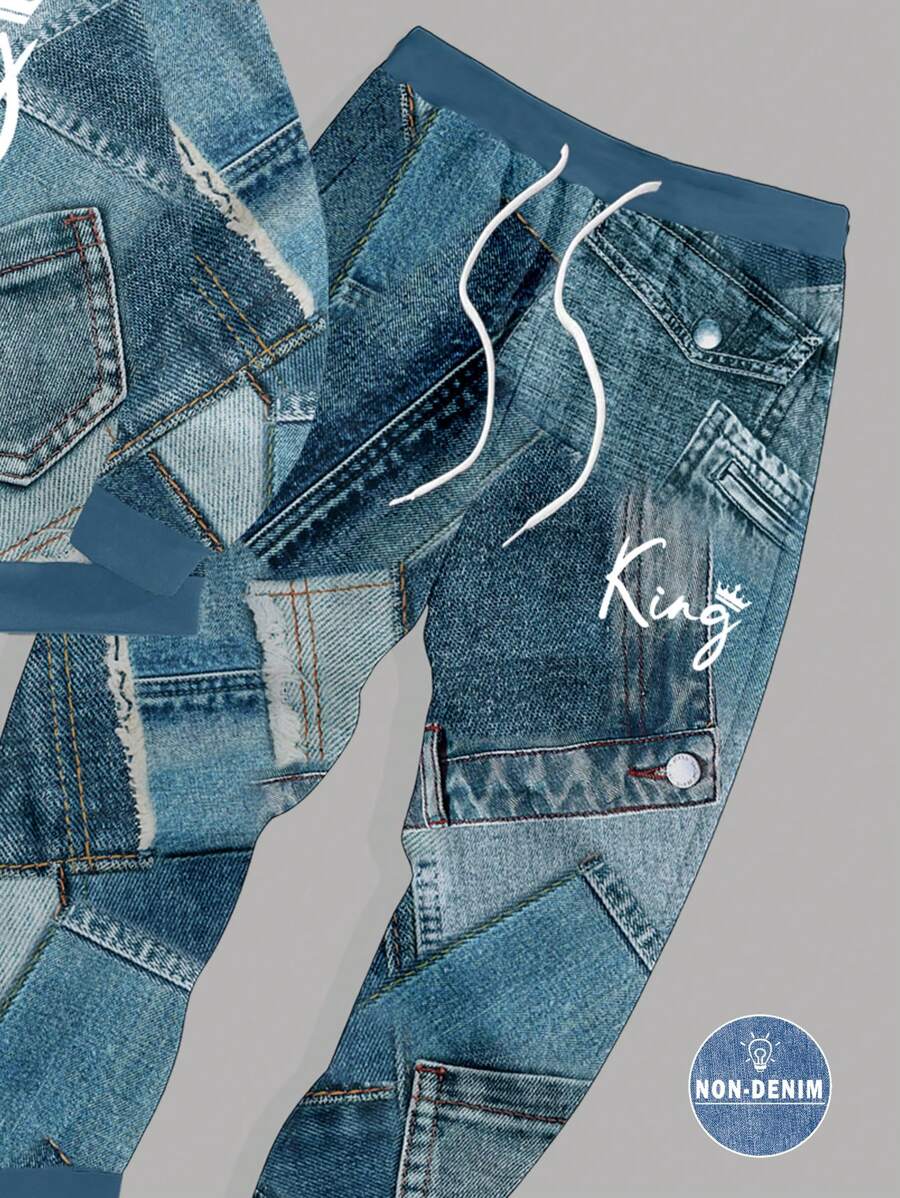 Manfinity Homme Denim Patchwork & All-Over Print Men's Casual Standard ...