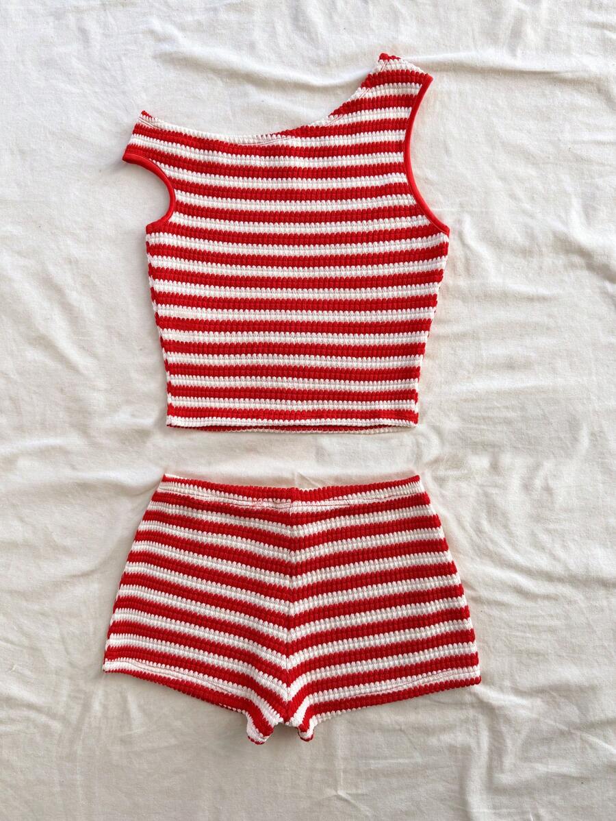 Dreamara 2pcs/Set Women's Holiday Striped Knit Asymmetric Shoulder ...