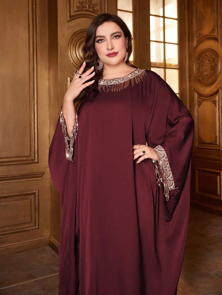 Al Najma Plus Size Elegant Sequin Tassel Decor Batwing Sleeve Arabic ...
