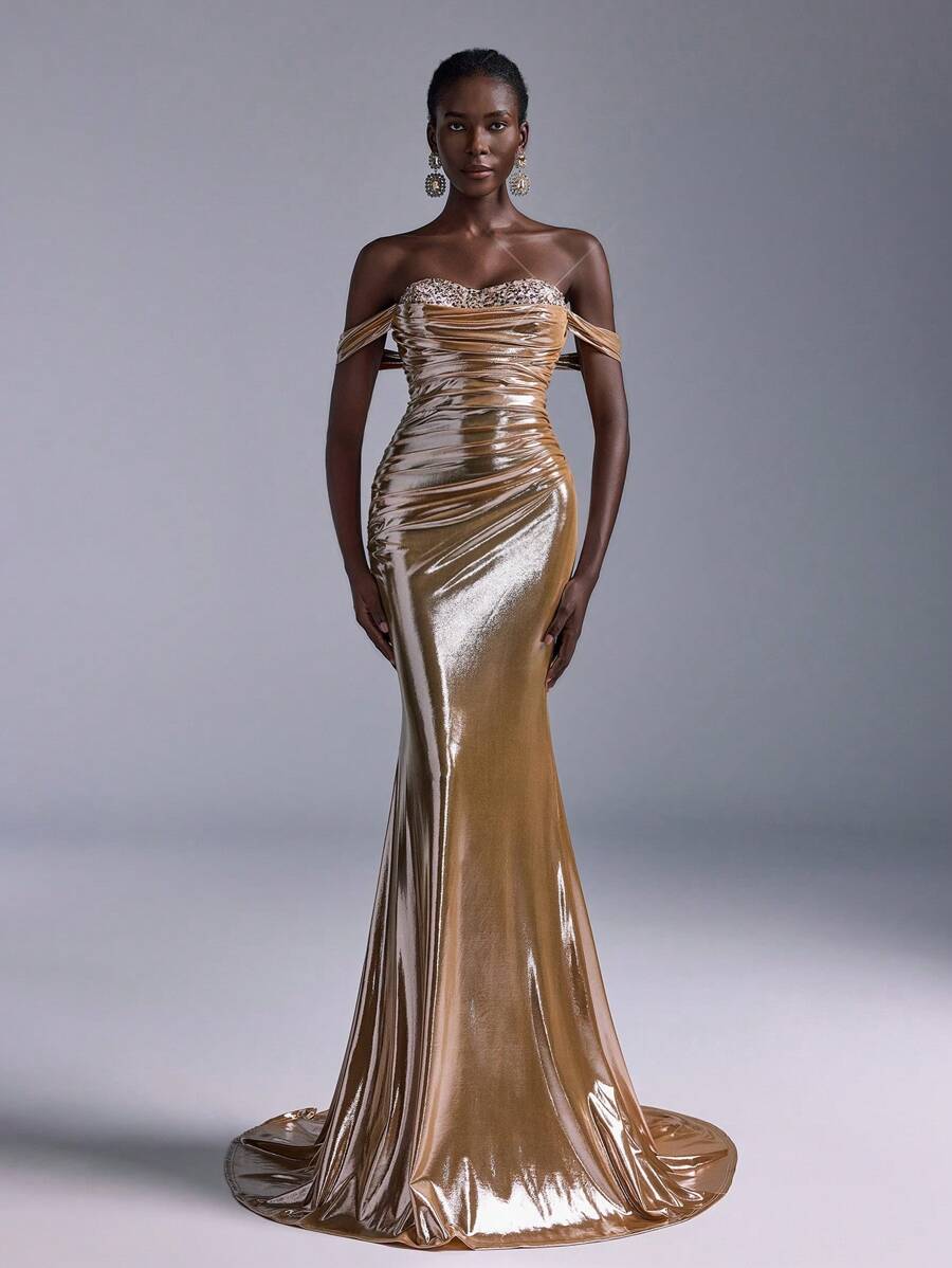 Elitara Elegant Champagne Metallic Coated Off Shoulder Ruffle Neckline ...