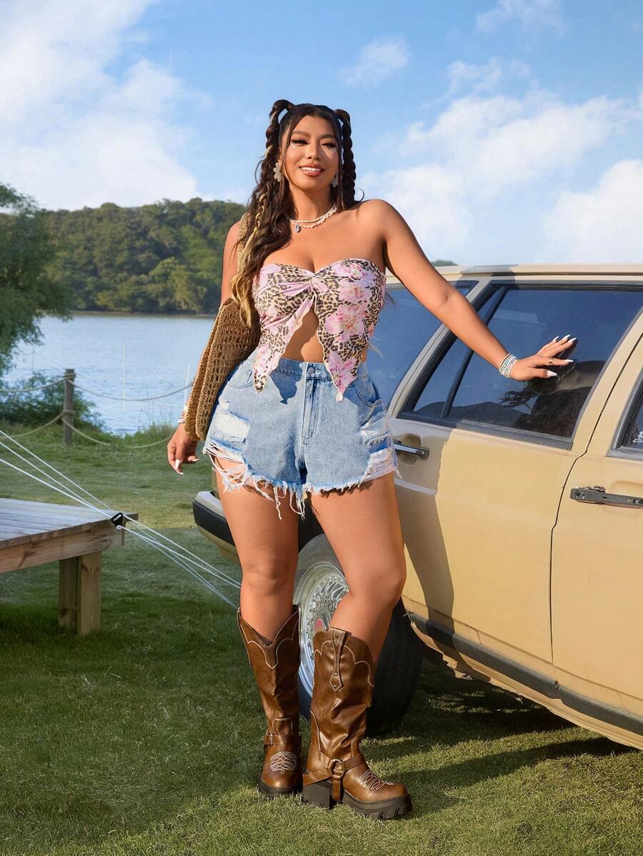 SHEIN VCAY Plus Size Vrouwen Versleten Zak Franjes Denim Shorts | SHEIN Nederland