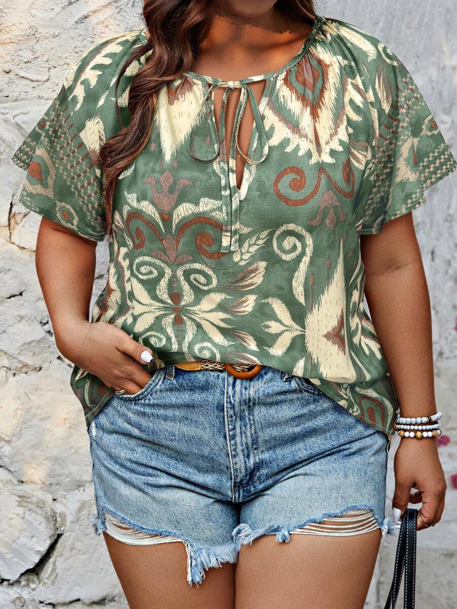 EMERY ROSE Plus Size Women's Abstract Geometric Pattern Printed Woven ...