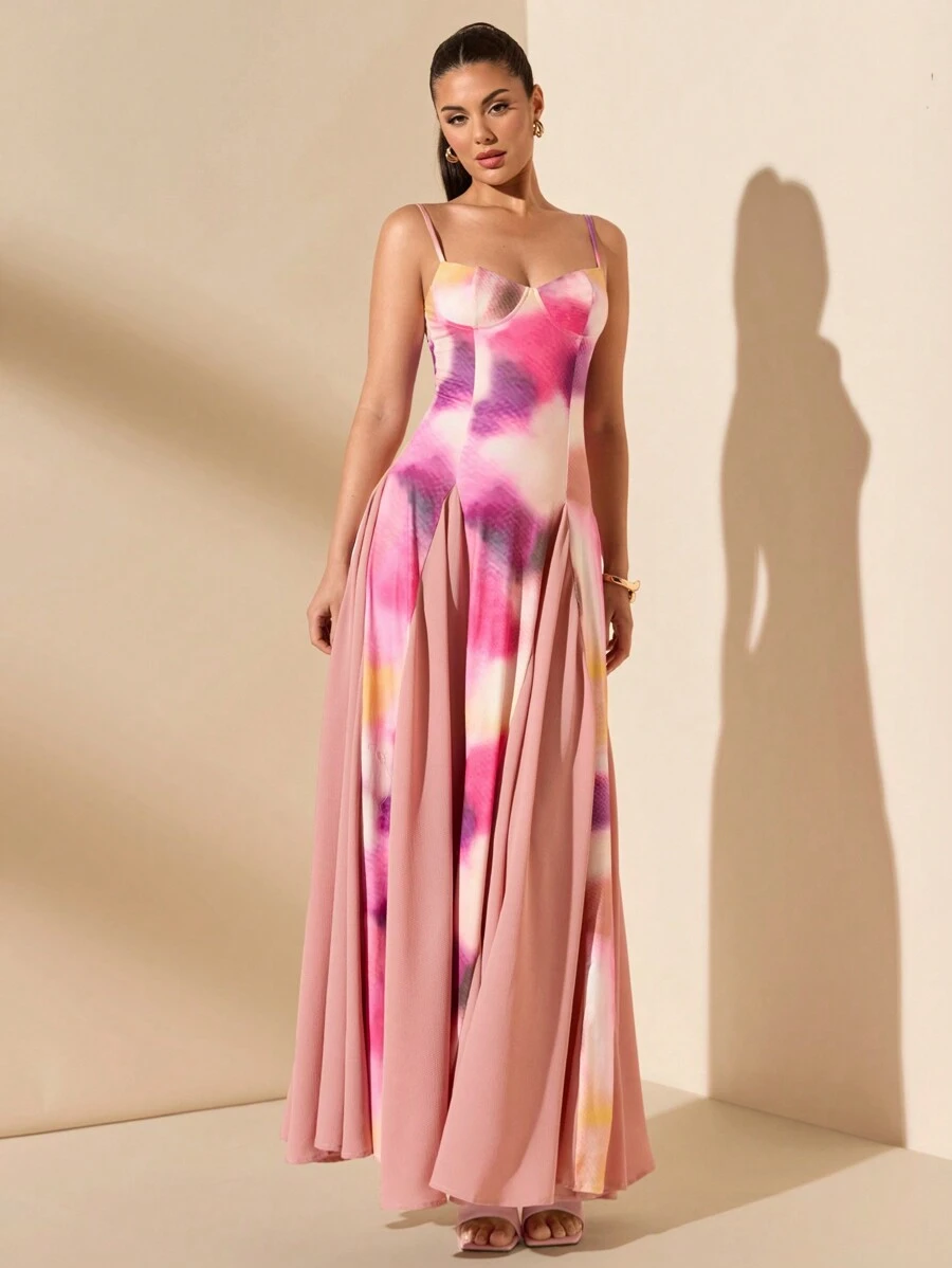 SHEIN BAE ชุดเดรสปะติดลาย Gradient หลายสี เฉดเทาและน้ำเงิน ขอบกระโปรง ...