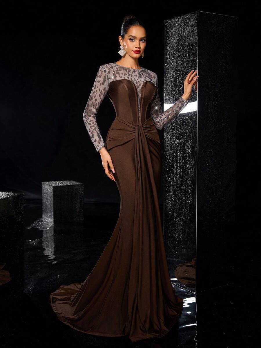 Glamrae Elegant Brown Luxury Leopard Print Sequin Mesh Middle Draped ...