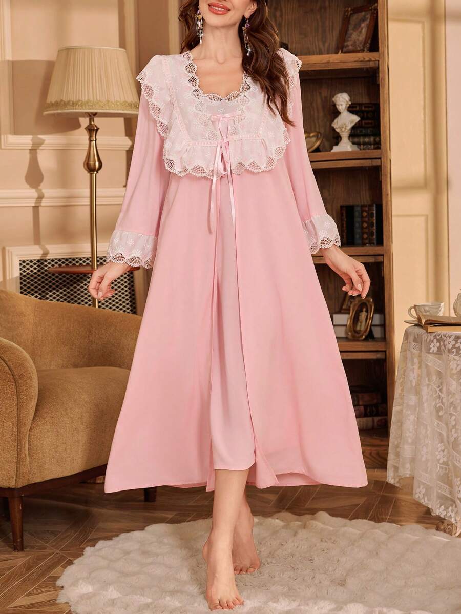 PalaceNights 2 Pieces Contrast Ruffle Hem Embroidery Floral Palace ...