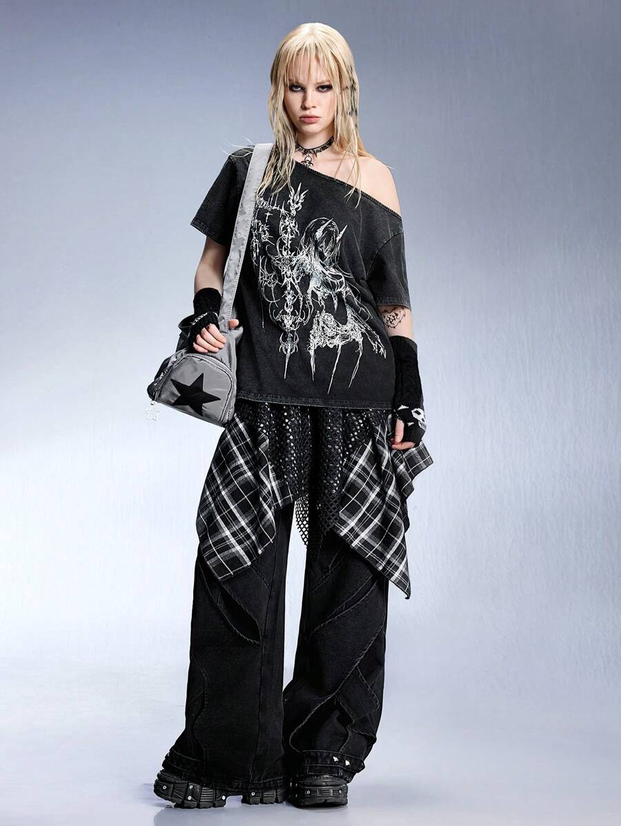 Romwe Grunge Punk パンクアポカリプスミュージックフェスティバル 非対称パッチワークチェックメッシュスカート レディース