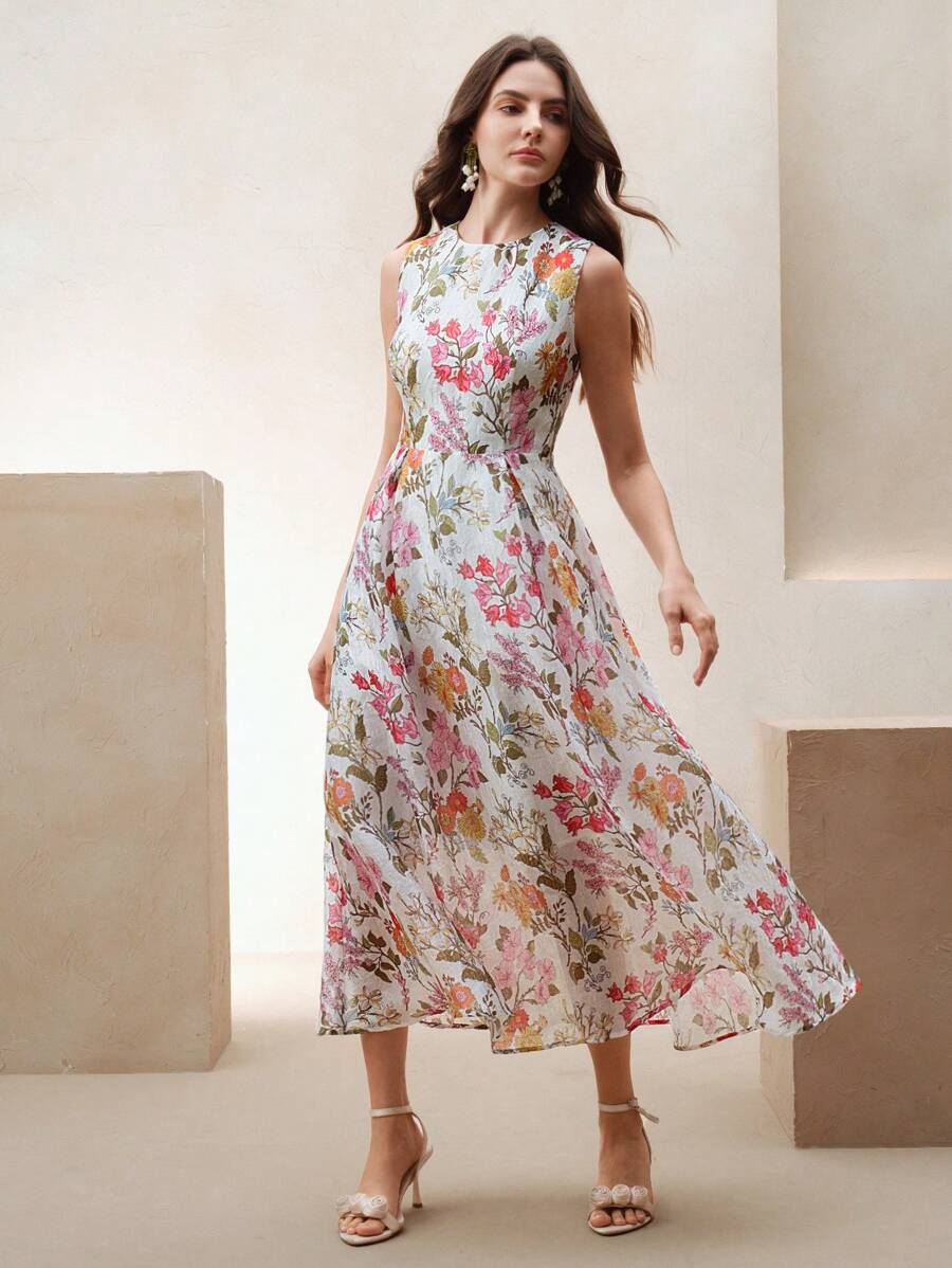 Anewsta Ladies' Spring And Summer Woven High-Quality Textured Fabric Printed Floral Sleeveless ...