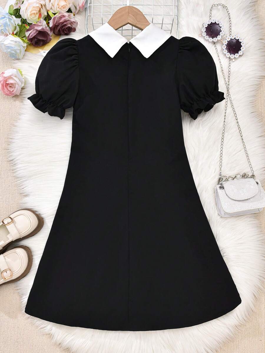 1pc Tween Girl 3D Bow Collared Black Puff Sleeve Formal Mini Dress ...