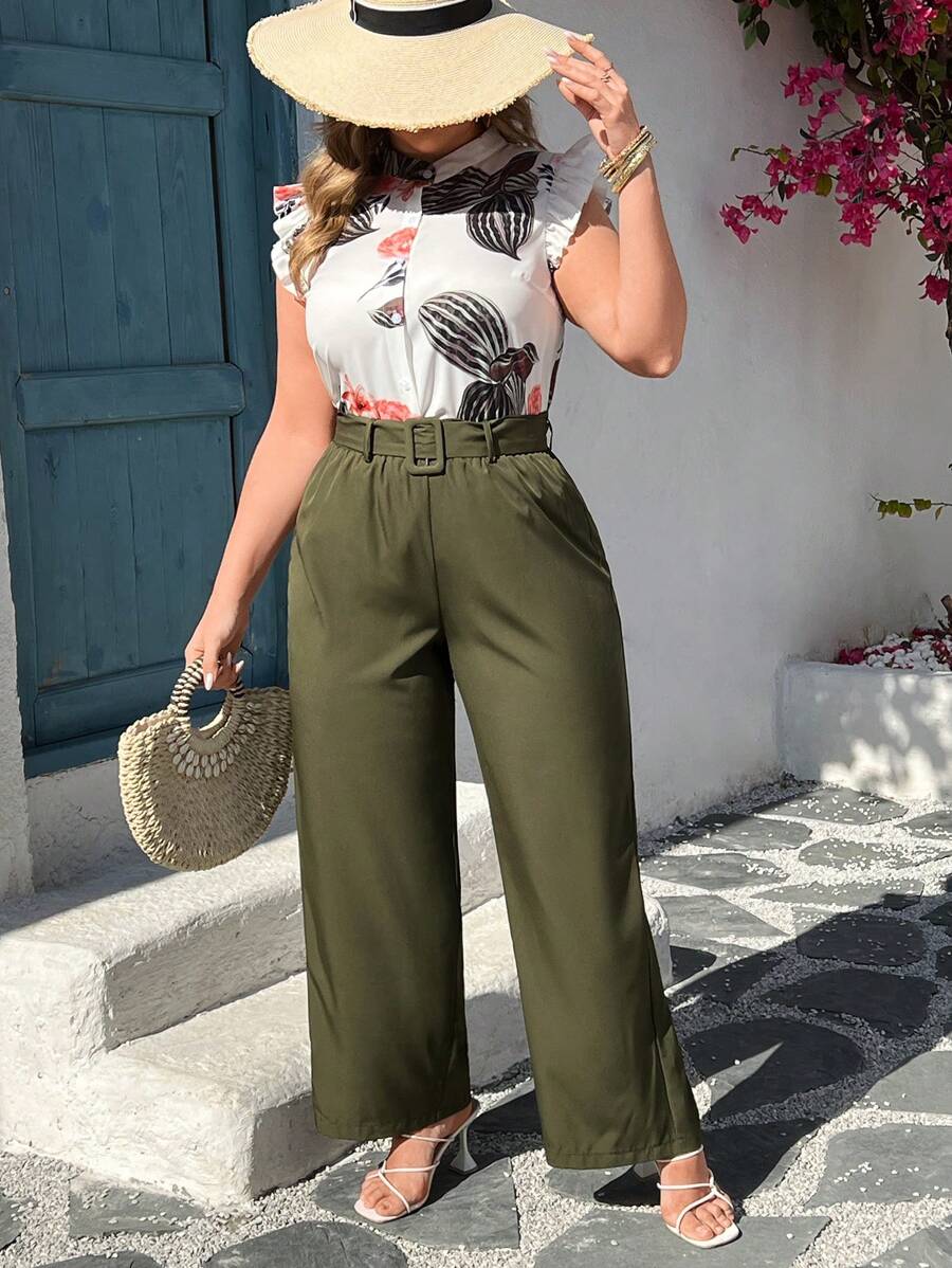 SHEIN Holidaya Plus Size Women 2 Pieces Outfit, Printed Blouse And ...