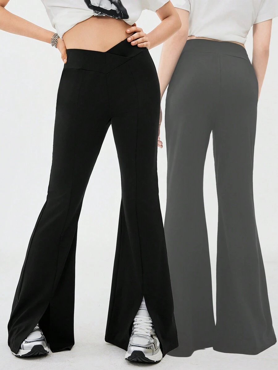 SHEIN Coolane Tween Girls Spring Basic Knit Stretchy Black Split Flare ...