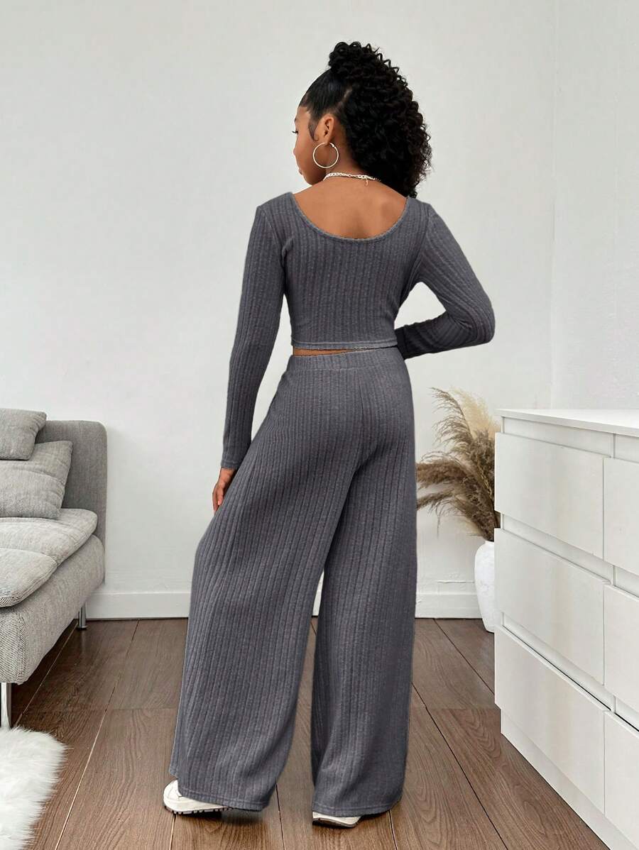 SHEIN Conjunto de 2 Peças Composto por Top de Manga Longa Gola U e ...